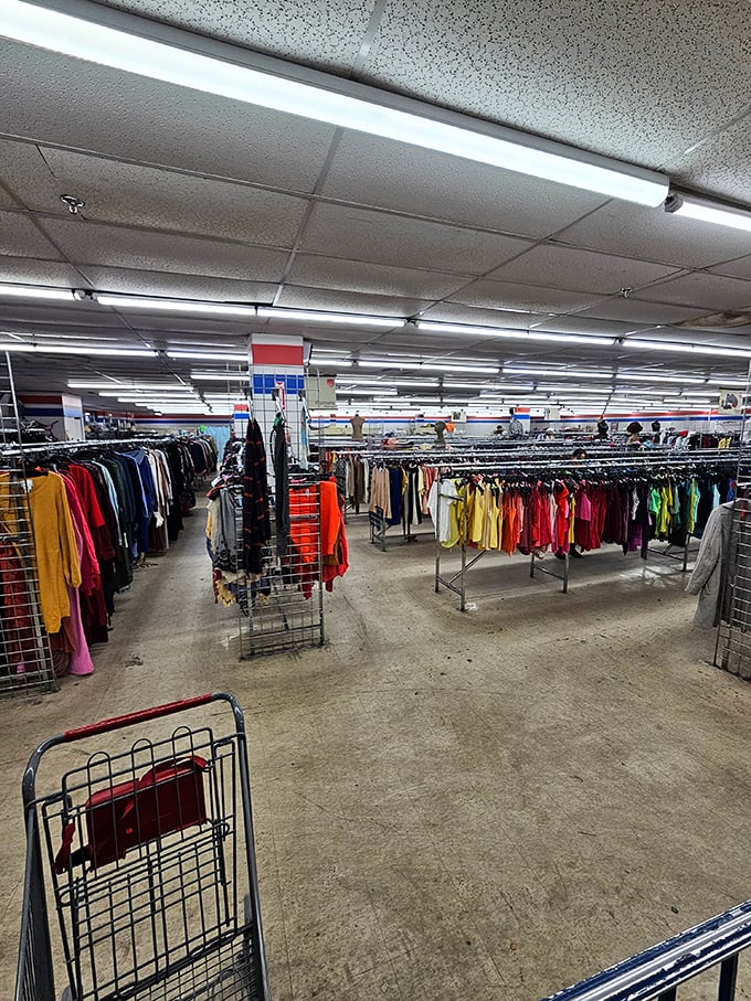 Color-coded clothing racks stretch to the horizon like a textile rainbow. The thrill of the hunt begins here.
