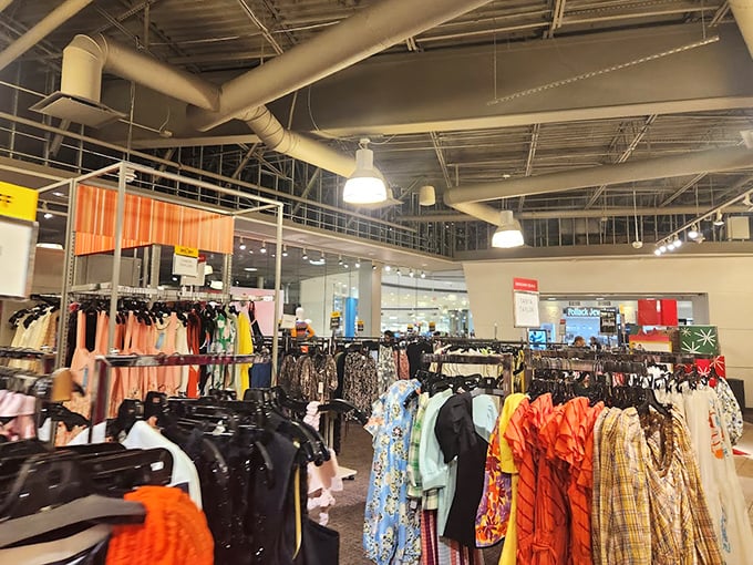 Industrial chic meets fashion forward – where exposed ceilings somehow make spending money feel more authentic and intentional.