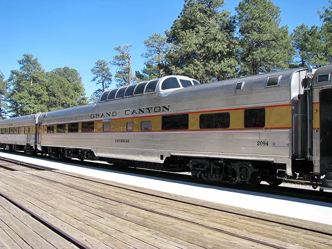 The silver Coconino observation car gleams in the Arizona sunshine. Those dome windows promise panoramic views that no smartphone screen could ever replicate.