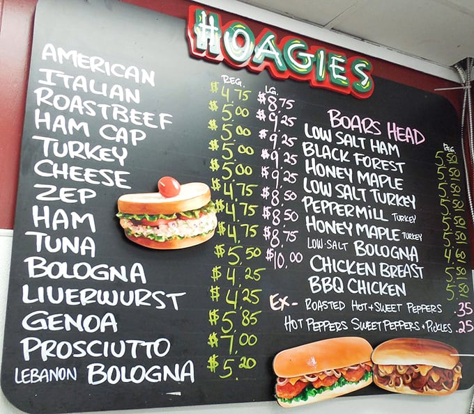 The hoagie board reads like poetry to sandwich enthusiasts – a Shakespearean sonnet of Italian meats and classic combinations.