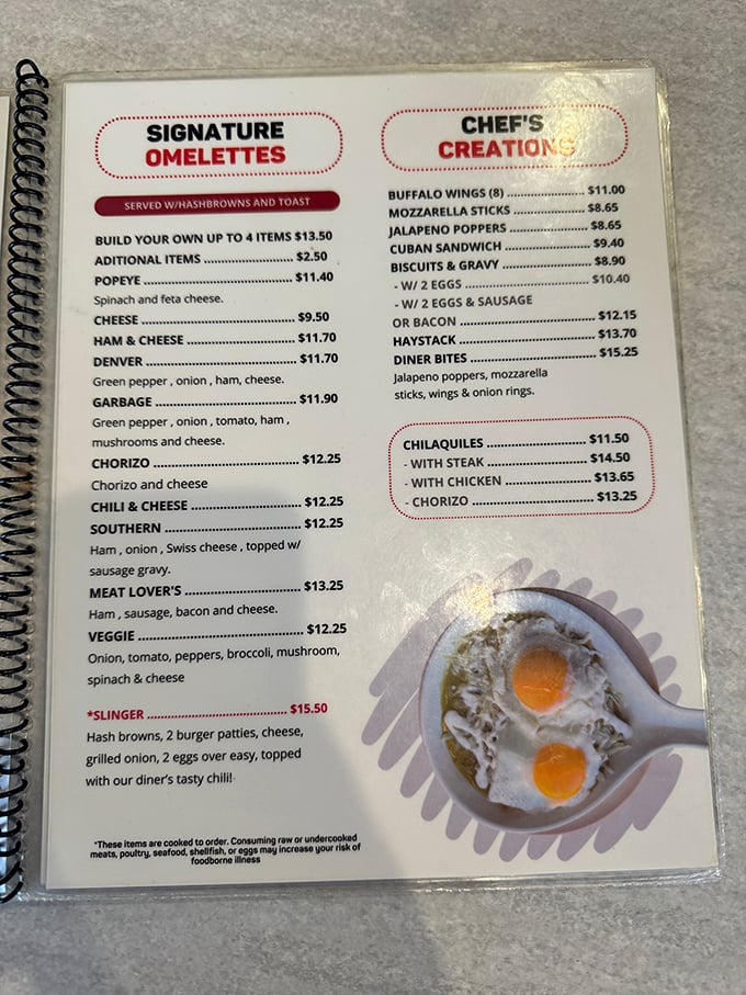 The menu reads like a love letter to American breakfast classics—each option promising the kind of satisfaction money usually can't buy.