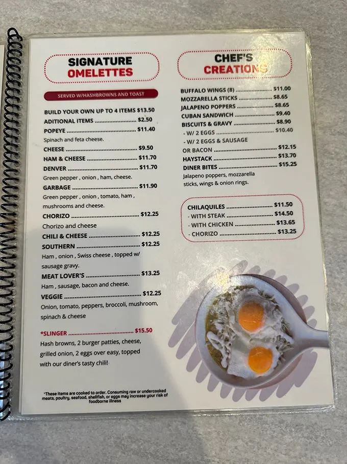 The menu reads like a love letter to American breakfast classics—each option promising the kind of satisfaction money usually can't buy.