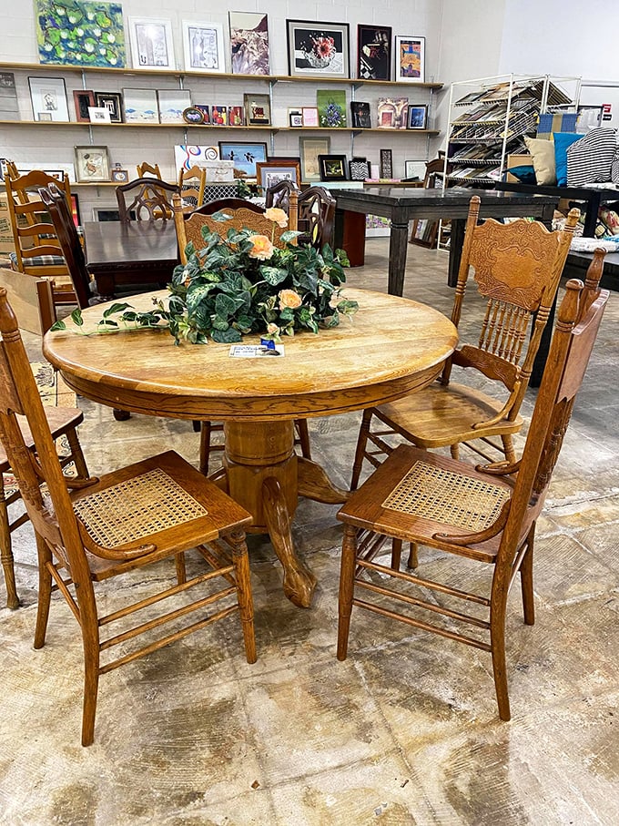 That oak dining set isn't just furniture—it's a time machine waiting to host your next family gathering. Cane chairs included, memories extra.