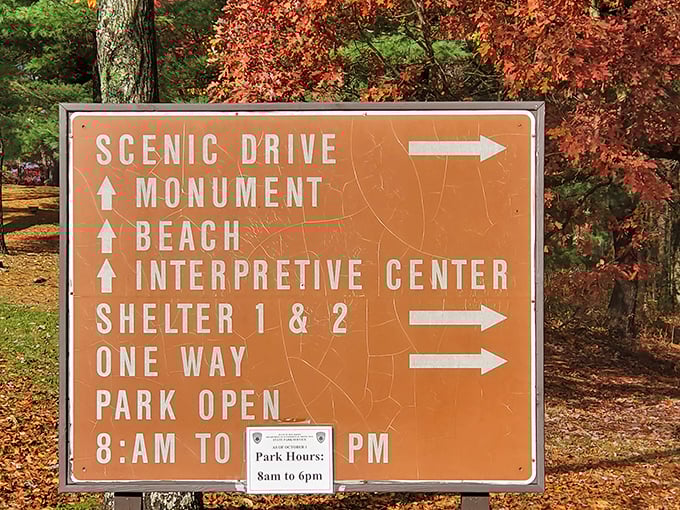 Choose your own adventure at High Point. This weathered sign promises everything from scenic drives to beach days—all at New Jersey's highest elevation.