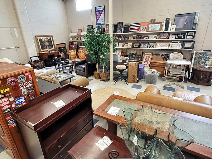 A furniture wonderland where every piece tells a story – that glass coffee table might have hosted Kennedy-era cocktail parties!