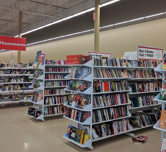 The book section rivals small libraries, with "Buy 4, Get 1 Free" deals that bibliophiles dream about. Literary treasures await discovery.