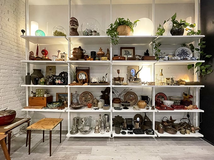 Museum-worthy shelving transforms everyday vintage objects into an artful display that makes you rethink what "secondhand" means.