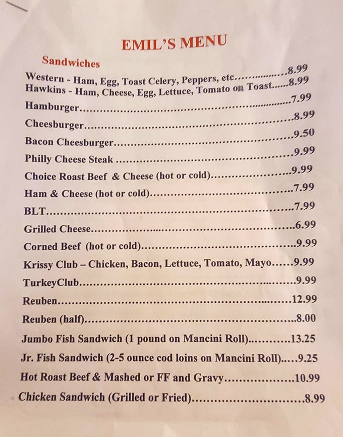 The menu at Emil's reads like a love letter to sandwich perfection. Notice the Reuben commands the highest price—a hint at its legendary status.