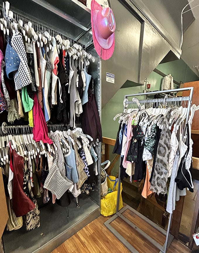 Fashion archaeology at its finest—each rack a time capsule where yesterday's trends await their renaissance moment in someone else's wardrobe.