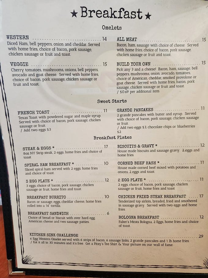 The breakfast menu reads like a love letter to morning indulgence. That Kitchen Sink Challenge has defeated many brave souls with empty stomachs and big dreams.
