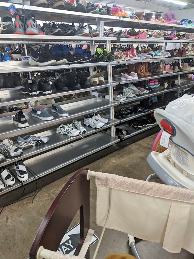 Rows upon rows of footwear possibilities await the patient hunter. It's like a dating app for your feet—swipe right on those barely-worn Nikes!