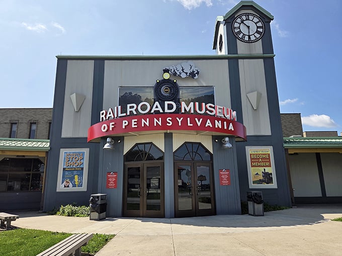 The museum's welcoming entrance features a clock tower that seems to say, "It's always train time here!"