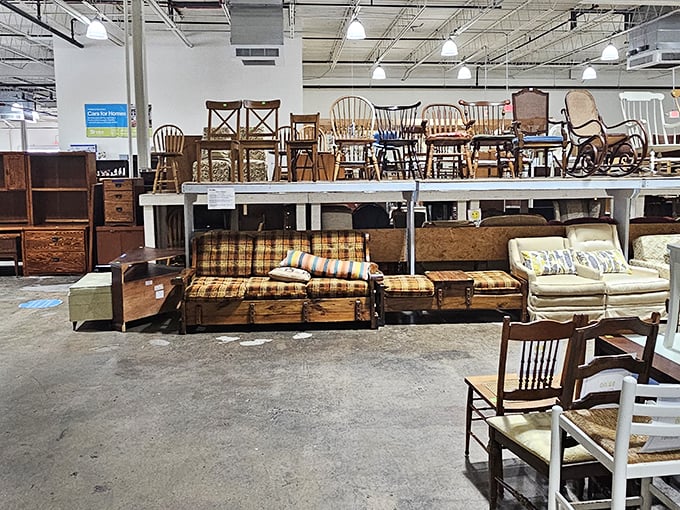 Two-story furniture displays create a maze of possibilities where your dream dining room awaits at dreamier prices.