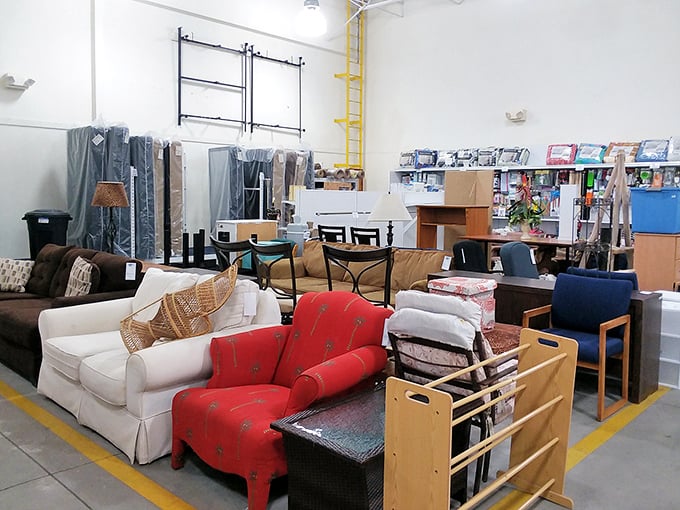 The furniture section resembles a living room showroom lottery—that red armchair might just be your next statement piece.