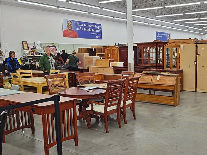 Not your grandmother's hand-me-downs! This furniture section offers solid wood treasures that would make Pottery Barn shoppers question their life choices.