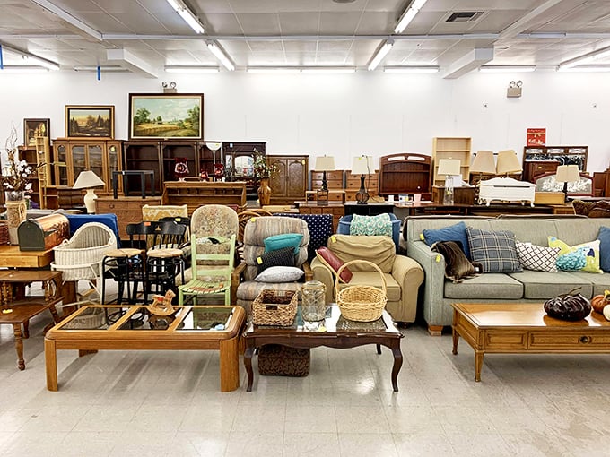 The furniture section—where mid-century gems and comfy couches wait patiently for someone to recognize their potential and give them a second life.