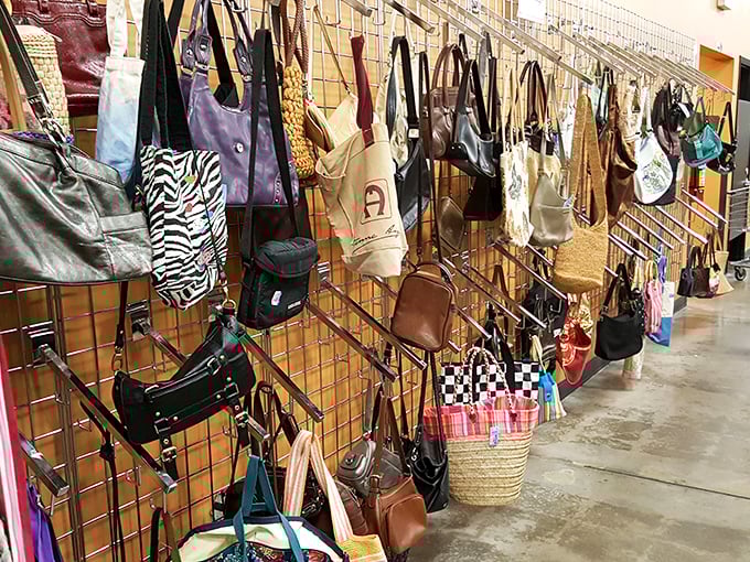 A wall of handbags that would make Carrie Bradshaw weep with joy—each one carrying stories from previous lives and waiting for new adventures.
