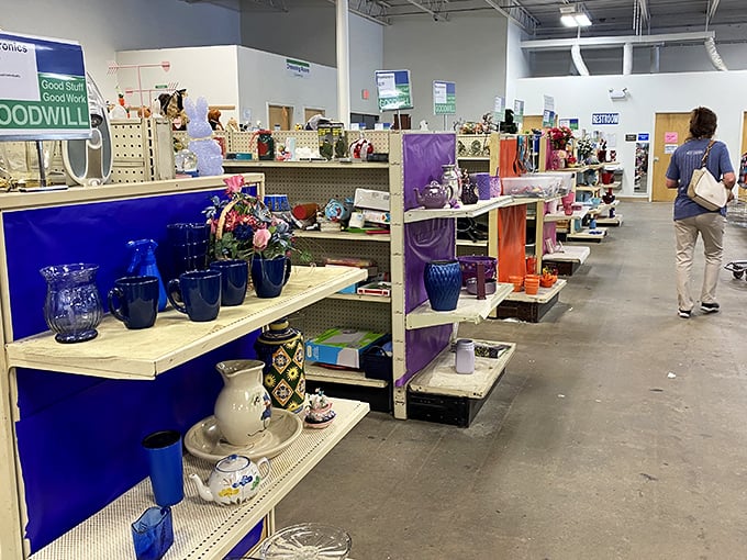 Treasure hunt, aisle three! Every shelf whispers stories—from cobalt glass dreams to ceramic keepsakes waiting for their second act.