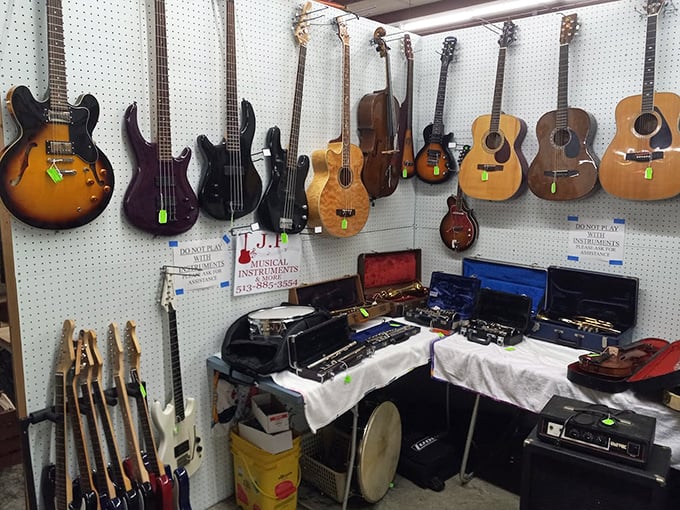 Guitar heaven for musicians on a budget. That sunburst Gibson might have played its first chord during Woodstock for all we know.