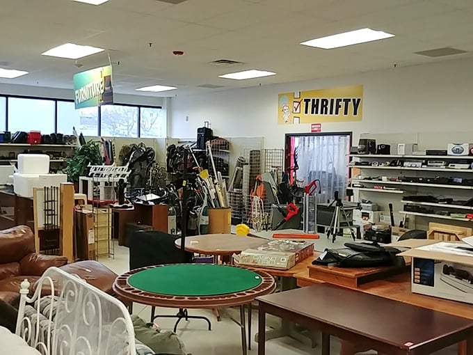 Furniture heaven awaits! That green poker table might have hosted legendary games, while the leather sofa has stories to tell about its previous life.