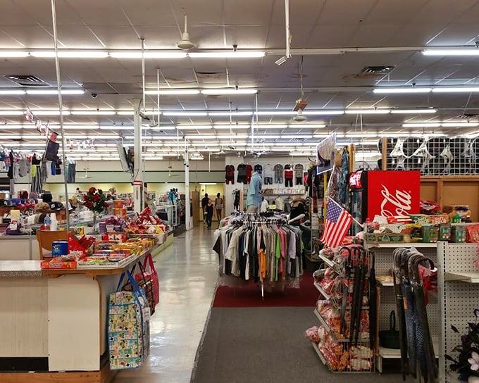 The clothing section stretches into infinity. Somewhere in this sea of fabric lies the vintage band t-shirt you've been searching for since 1987.