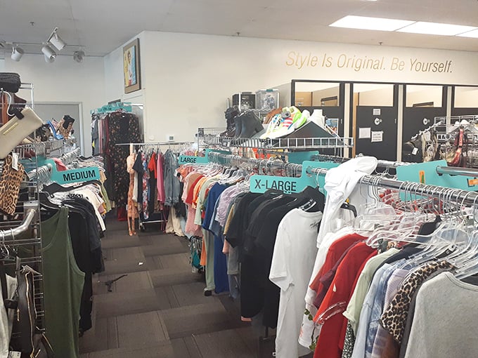 Organized by size and color, this isn't your grandmother's thrift store—it's a carefully curated collection of yesterday's impulse buys.