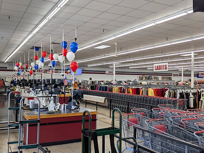Colorful balloons and organized chaos—the perfect recipe for thrift store magic. Like a department store from a more interesting parallel universe.