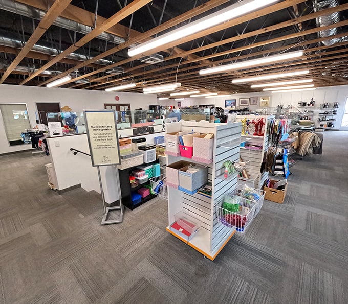 Exposed beams and organized displays set the tone for serious thrifting. This isn't your grandmother's cluttered charity shop—it's a well-curated treasure hunt.
