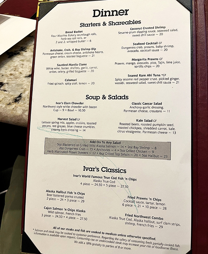 The menu reads like seafood poetry—each dish a carefully crafted verse celebrating the Pacific Northwest's aquatic bounty.