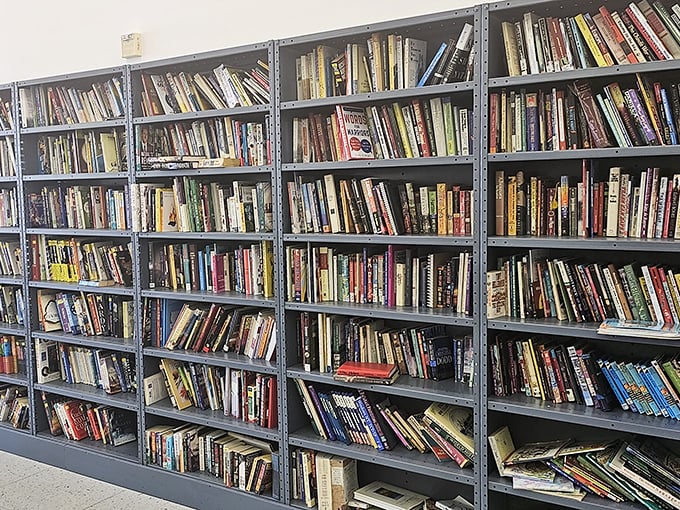A bibliophile's dream come true—shelves upon shelves of literary treasures waiting to tell their stories to new owners.