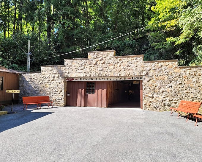 Historic Crystal Cave – three simple words on this stone entrance that promise geological marvels beyond those wooden doors.