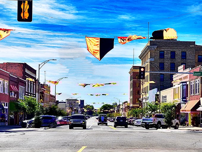 Colorful banners dance above downtown streets during festivals, turning an ordinary shopping trip into an impromptu celebration of community.