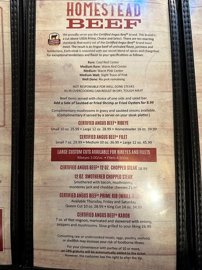 This menu isn't just a list—it's a declaration of beef devotion. Note the warning about well-done steaks: a steakhouse with principles!