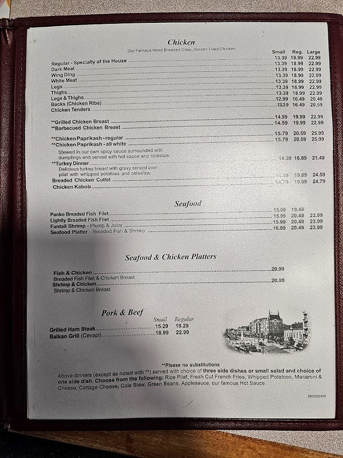 This menu isn't just a list of options—it's a family history written in fried chicken, paprikash, and homestyle sides.