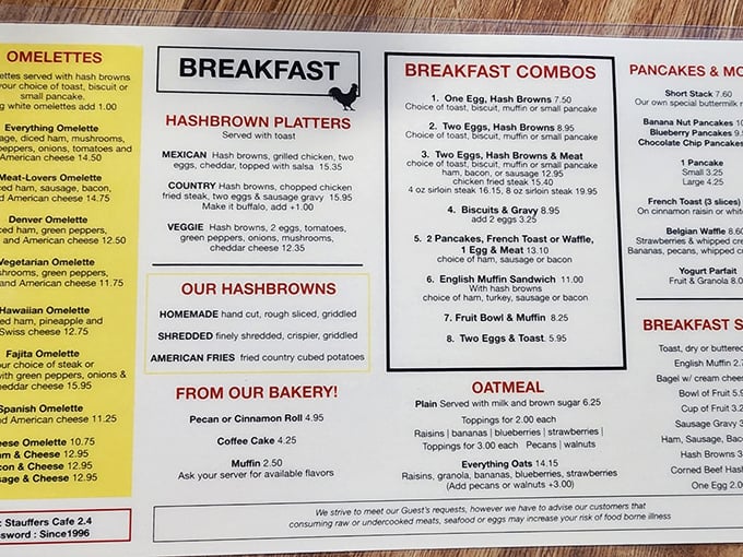 A menu that reads like a love letter to American breakfast classics. The hashbrown varieties alone deserve their own zip code.