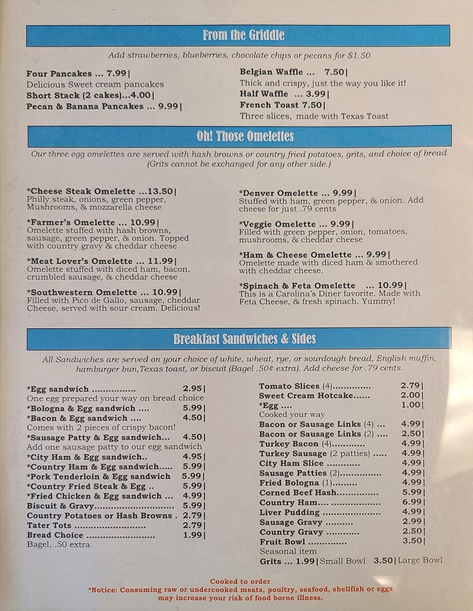 The menu reads like a love letter to breakfast classics – those omelets aren't just food, they're morning masterpieces waiting to happen.
