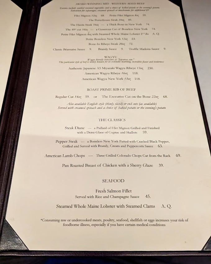A menu that reads like poetry to meat lovers – each line promising a different path to steak nirvana.