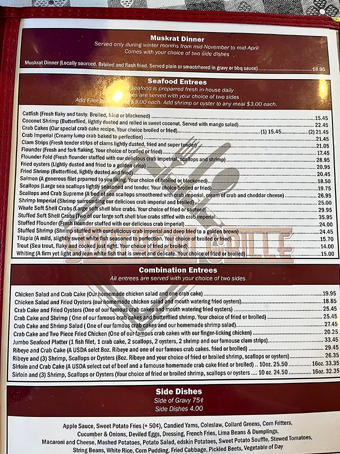 This menu reads like a love letter to Mid-Atlantic cuisine—where muskrat dinner shares space with flounder fold and crab imperial.