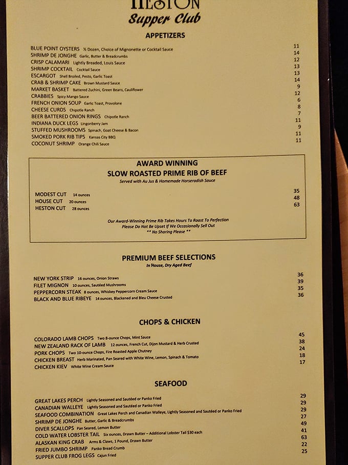 This menu reads like poetry to carnivores—award-winning prime rib, dry-aged steaks, and seafood that would make coastal restaurants jealous. Decisions, decisions.