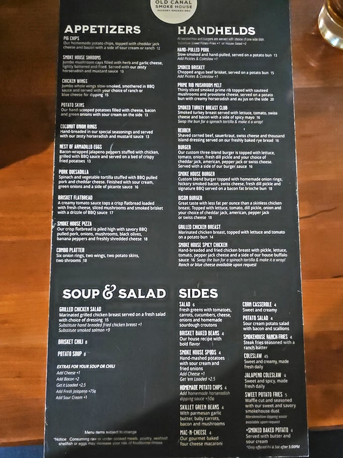 This menu isn't just reading material—it's a roadmap to flavor town with stops at Smoky Boulevard and Delicious Drive.