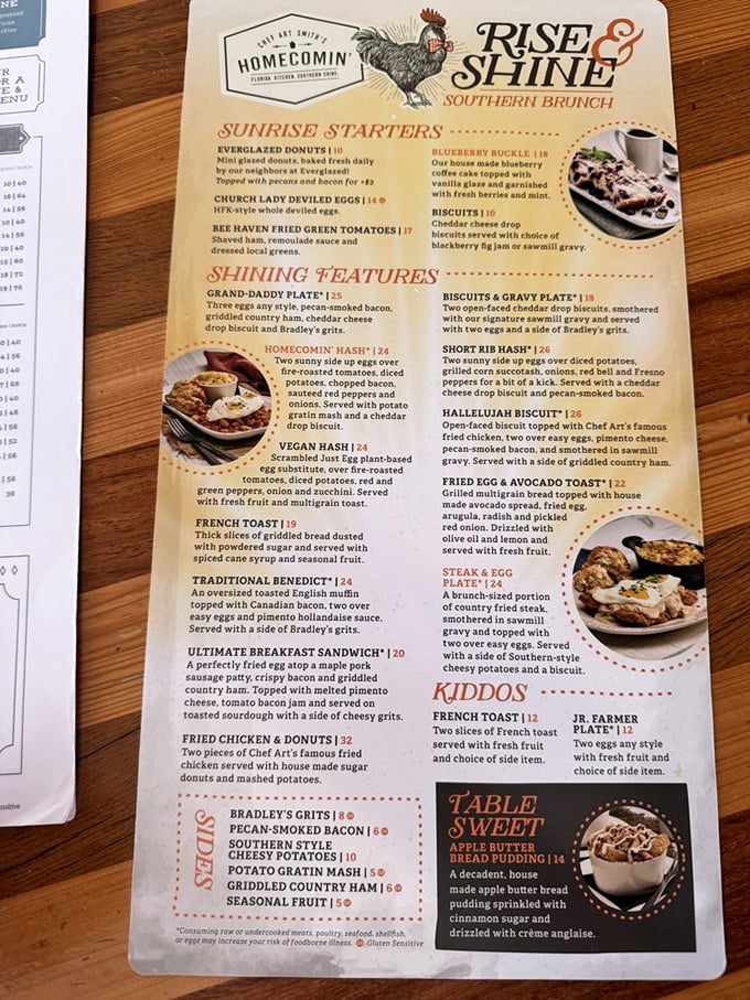 This menu isn't just a list of dishes—it's a roadmap to happiness with stops at "Church Lady Deviled Eggs" and "Hallelujah Biscuit" along the way.