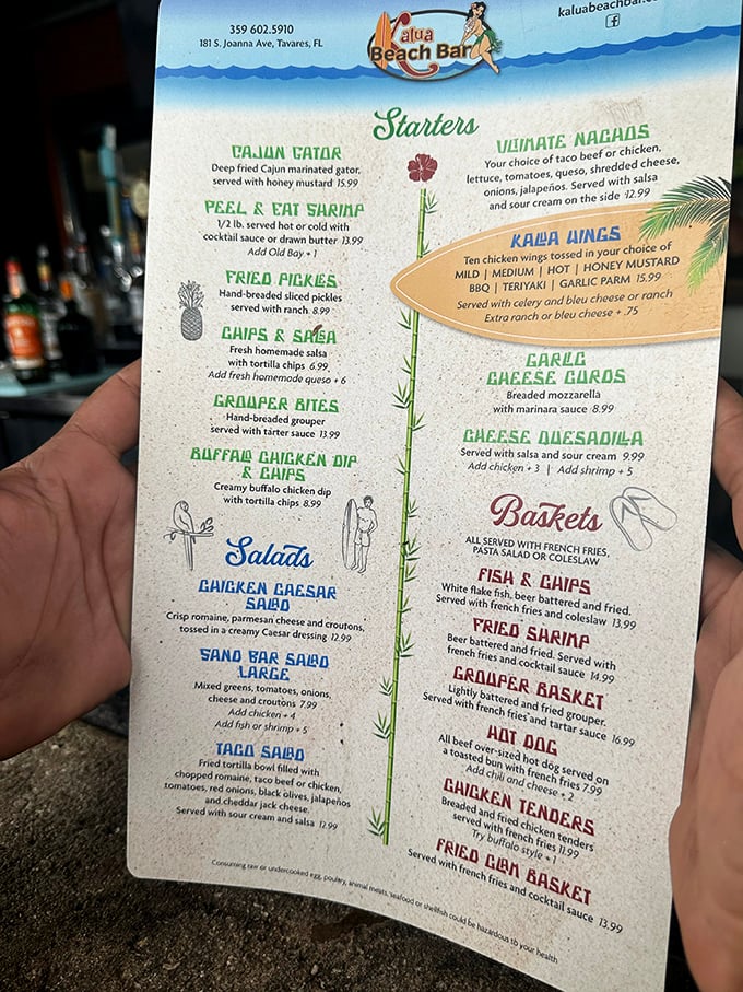 The menu reads like a love letter to Florida's coastal cuisine. Cajun Gator to Fish & Chips – decisions this difficult should come with a therapist.