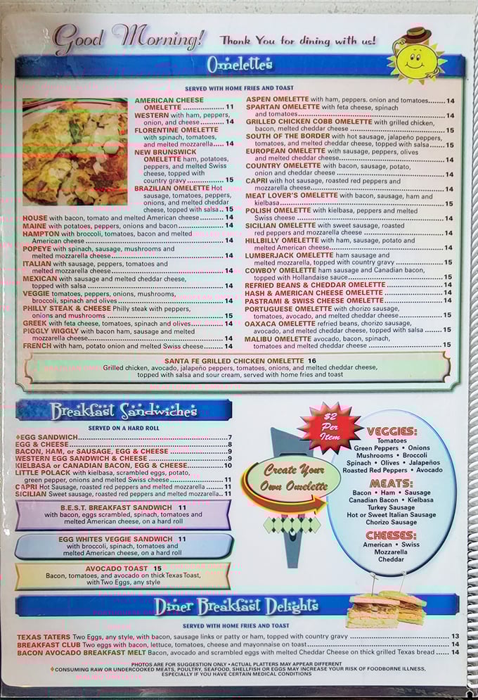 A menu that reads like a love letter to breakfast, with enough omelet options to satisfy even the most indecisive morning person.