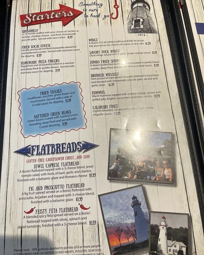 The menu reads like a love letter to Lake Erie's bounty, with everything from quesadillas to flatbreads competing for your attention. That walleye, though? Non-negotiable.