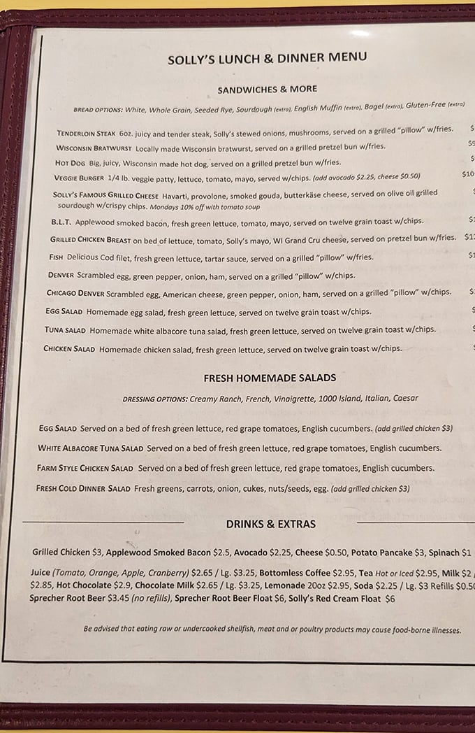 The menu reads like a love letter to Wisconsin comfort food—each item promising the kind of satisfaction that requires extra napkins.