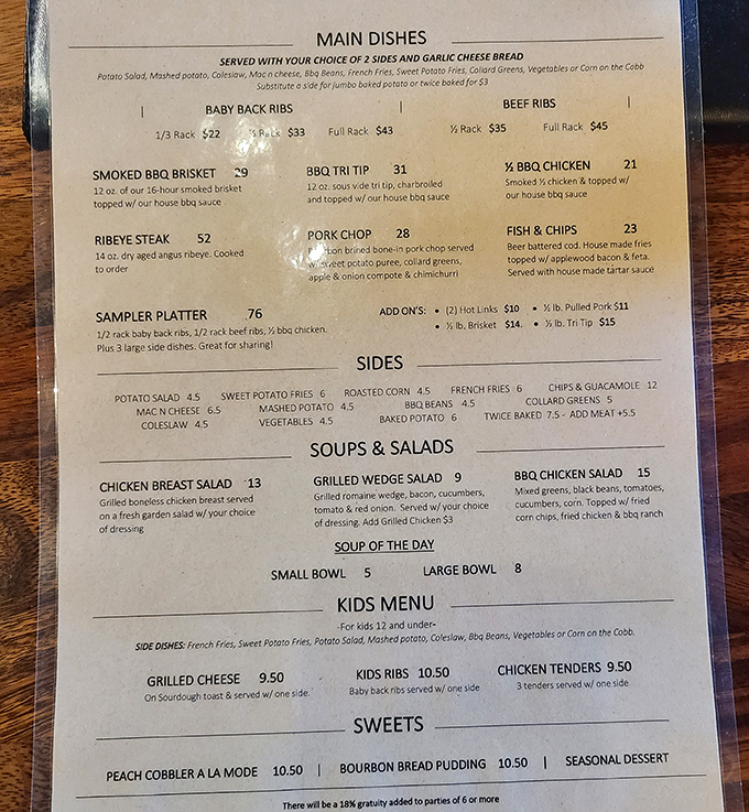 A menu that cuts right to the chase – no flowery descriptions needed when the star attractions are 16-hour smoked brisket and baby back ribs.