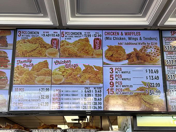 The menu board showcases the star attractions—golden-fried chicken and fluffy waffles in various combinations that'll make decision-making deliciously difficult.