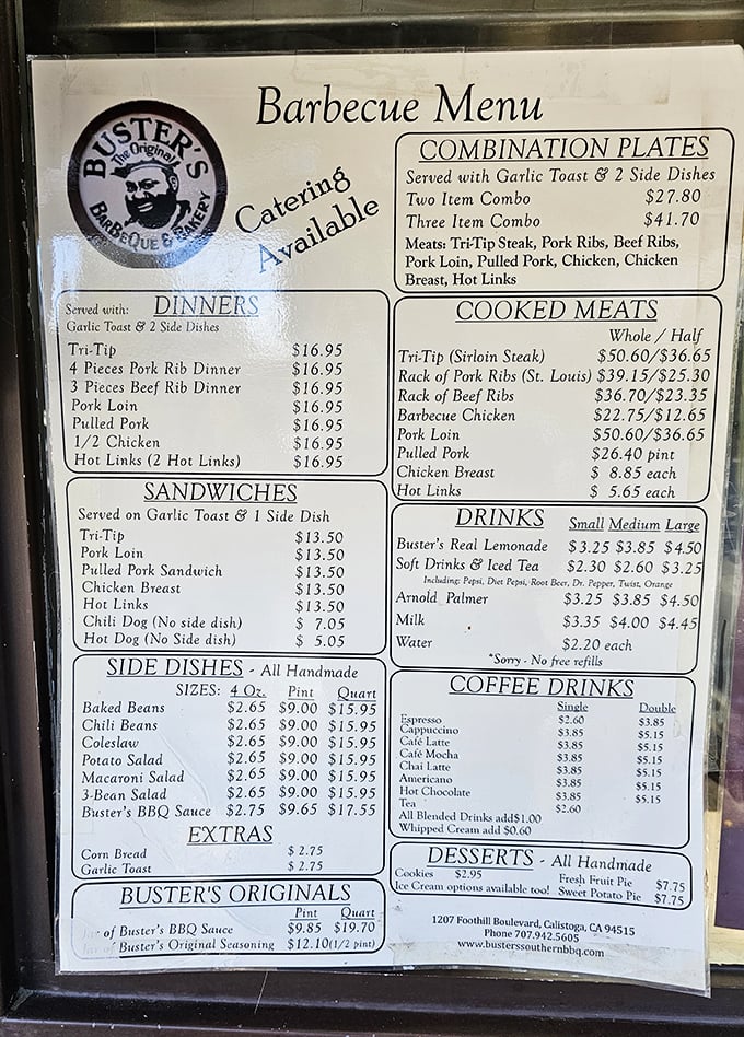 The menu board—a sacred text for BBQ pilgrims. No fancy fonts or flowery descriptions, just the honest promise of smoky delights.