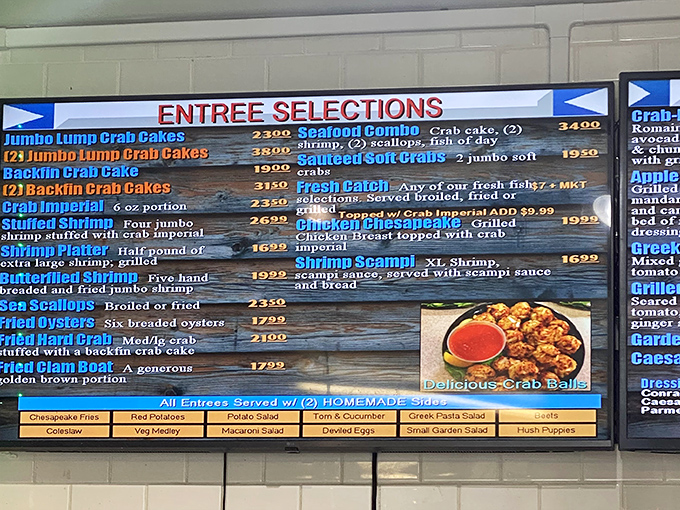 This menu board isn't just a list—it's a roadmap to happiness. The "Jumbo Lump Crab Cake" entry should have its own spotlight.