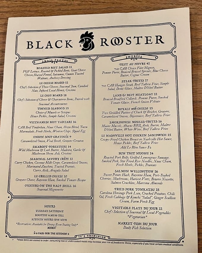 This isn't just a menu—it's a passport to flavor country. From escargot to steak frites, each item tells a delicious story.